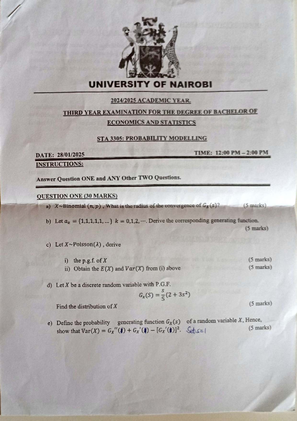 STA 3305: Probability Modelling Final Exam 2024-2025 - Studocu