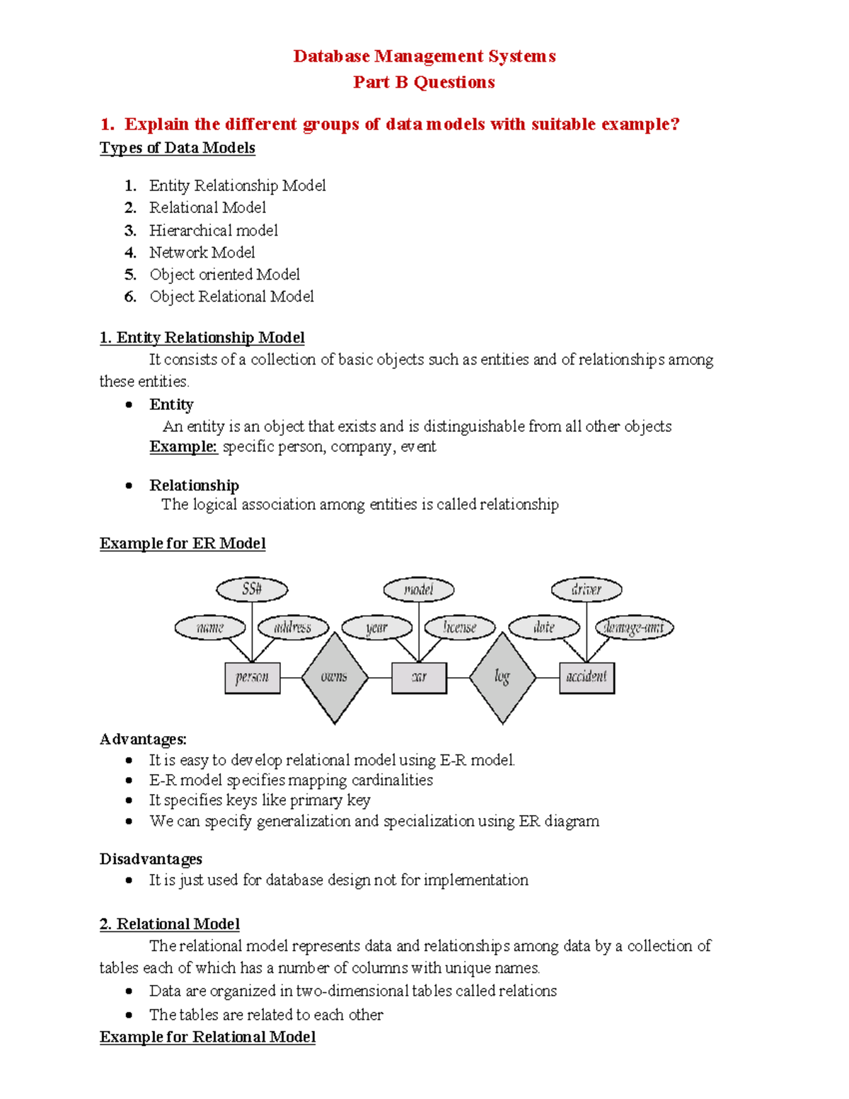 DBMS 101: Part B Questions & Answers on Data Models and SQL - Studocu