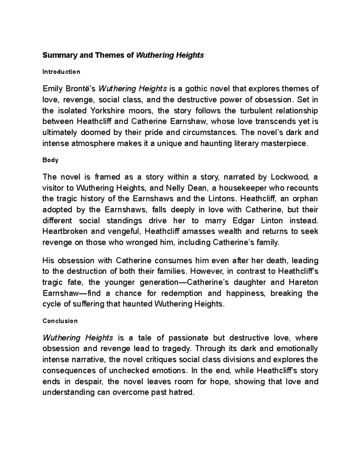 Summary and Themes of Wuthering Heights - Summary and Themes of ...