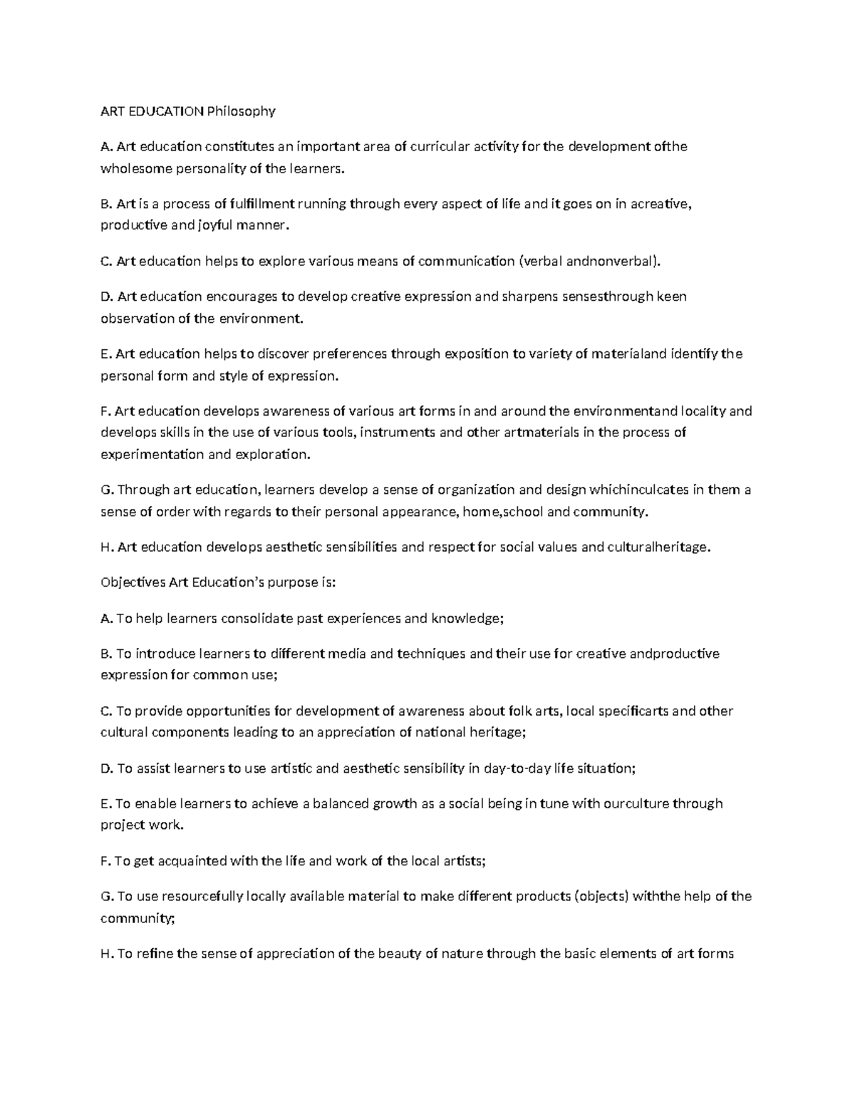 ART Education Philosophy - ART EDUCATION Philosophy A. Art education ...