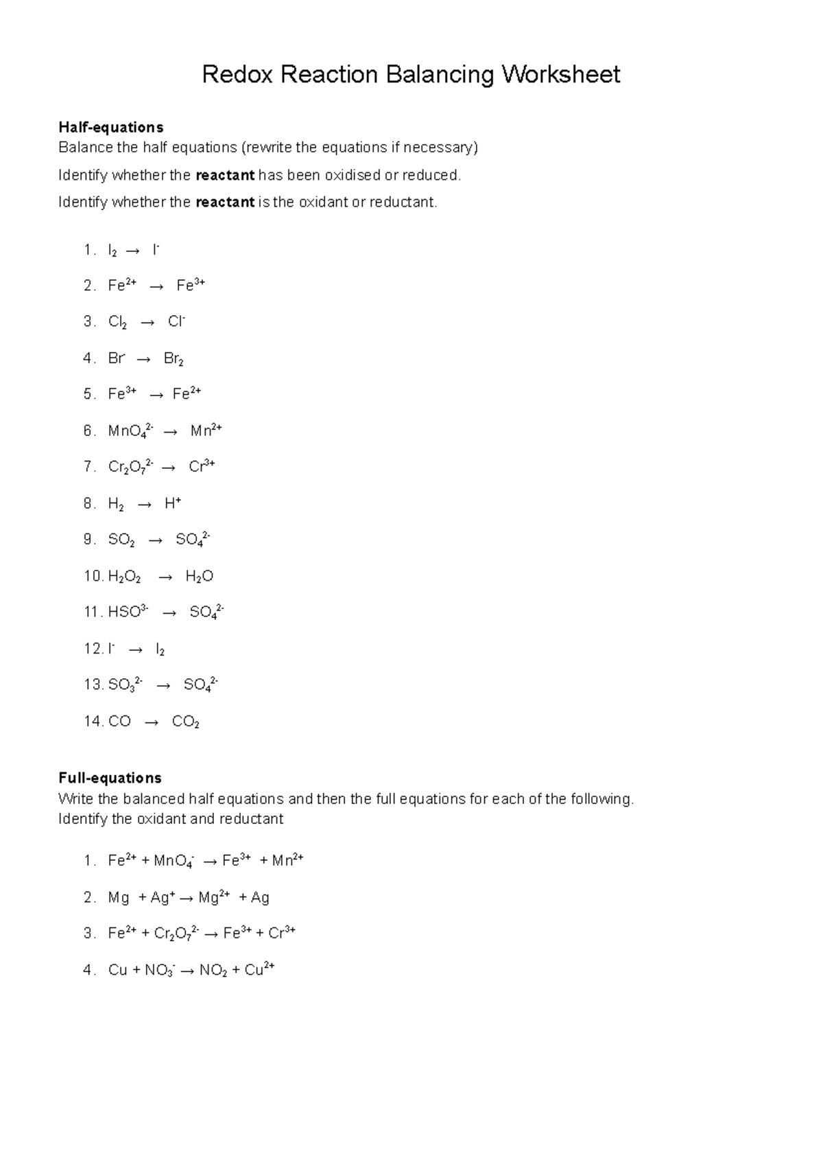 Redox Reactions Worksheet - Redox Reaction Balancing Worksheet Half ...