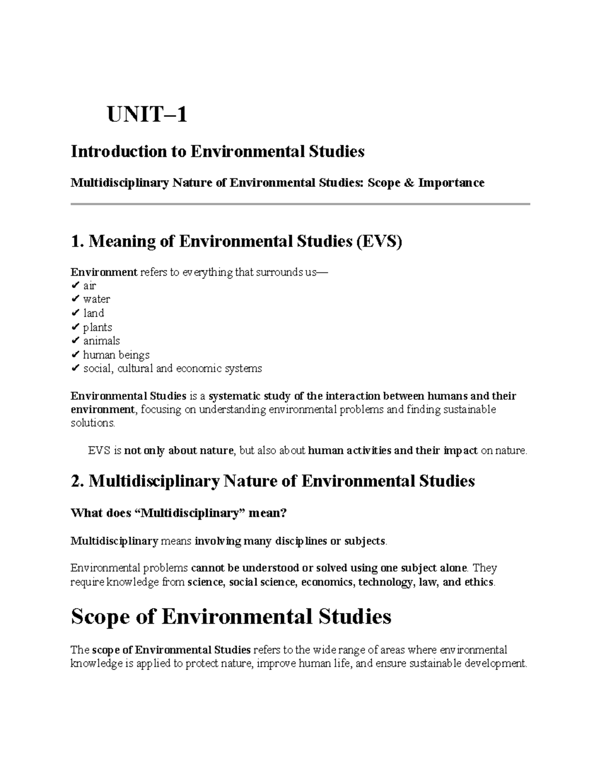 EVS 101: Introduction to Environmental Studies and Its Scope - Studocu