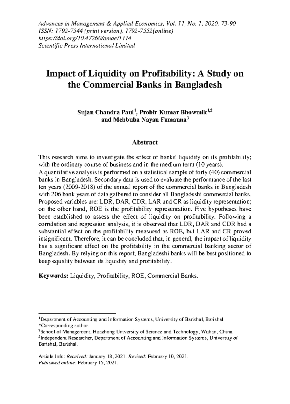 Impact of Liquidity on Profitability in Bangladeshi Banks: A Study (Vol ...