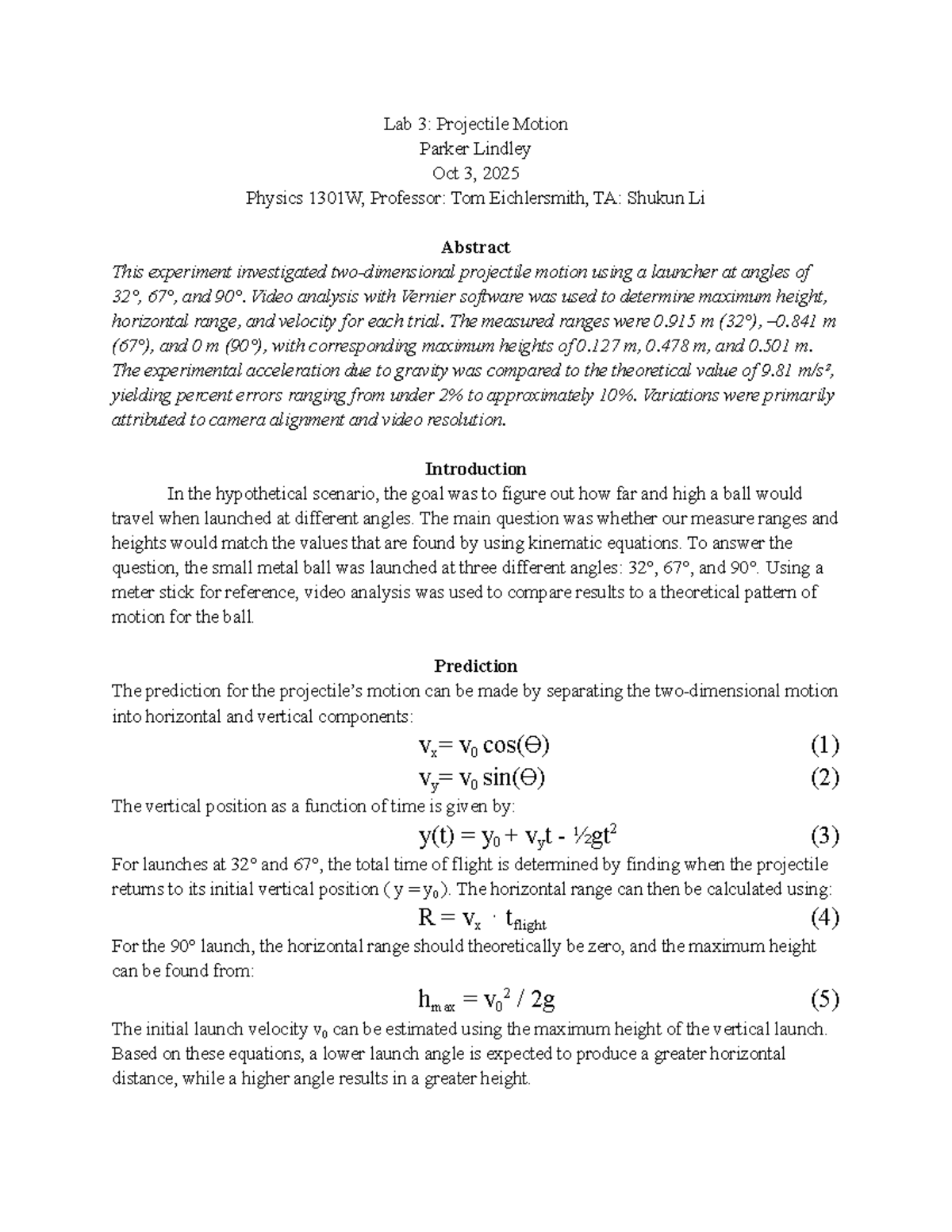Lab 3: Projectile Motion Analysis for PHYS 1301W - Studocu