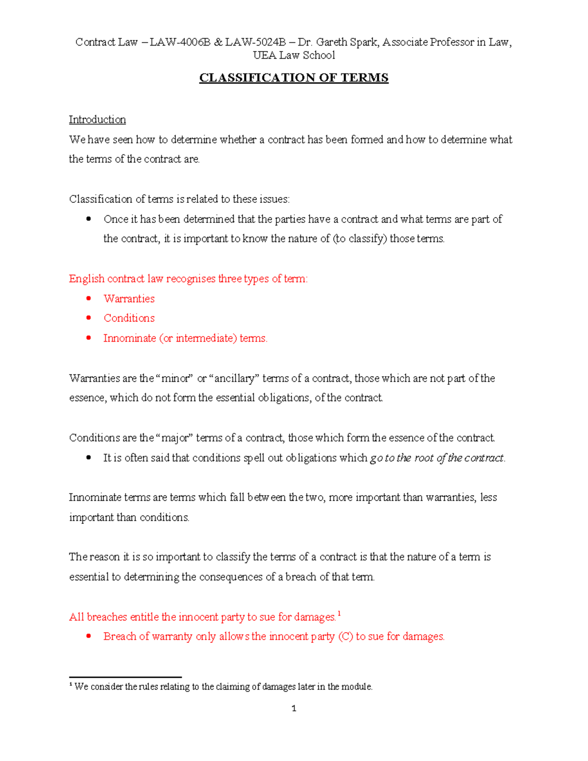 UEA Law School: Classification of Contract Terms in English Law - Studocu