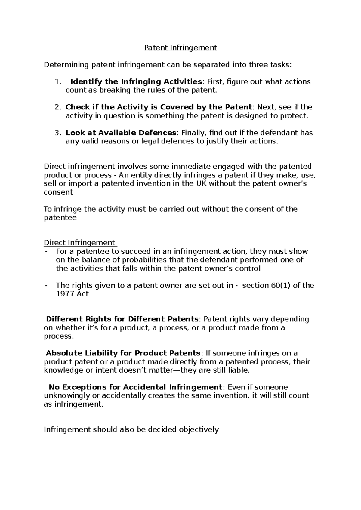 Patent Infringement Analysis Notes for Legal Studies (LAW 501) - Studocu