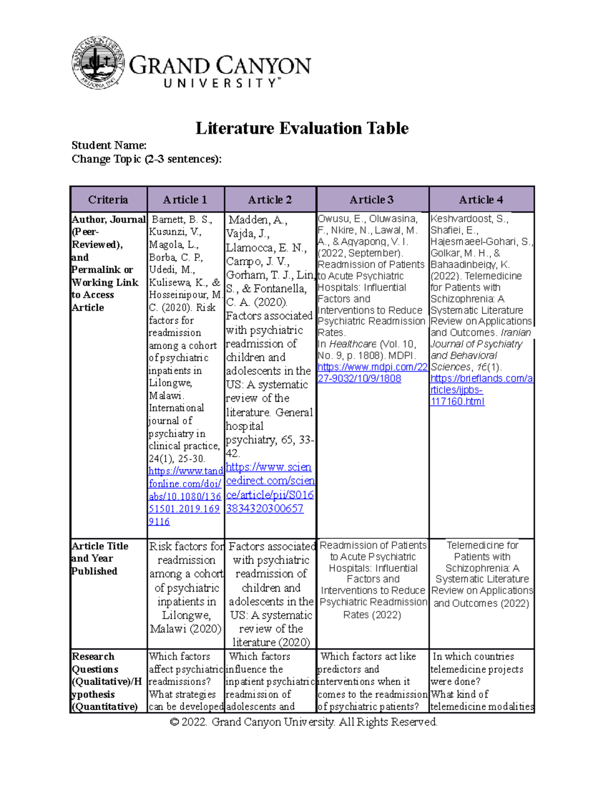 NRS 493 RS4 Literature Evaluation Table - Literature Evaluation Table ...