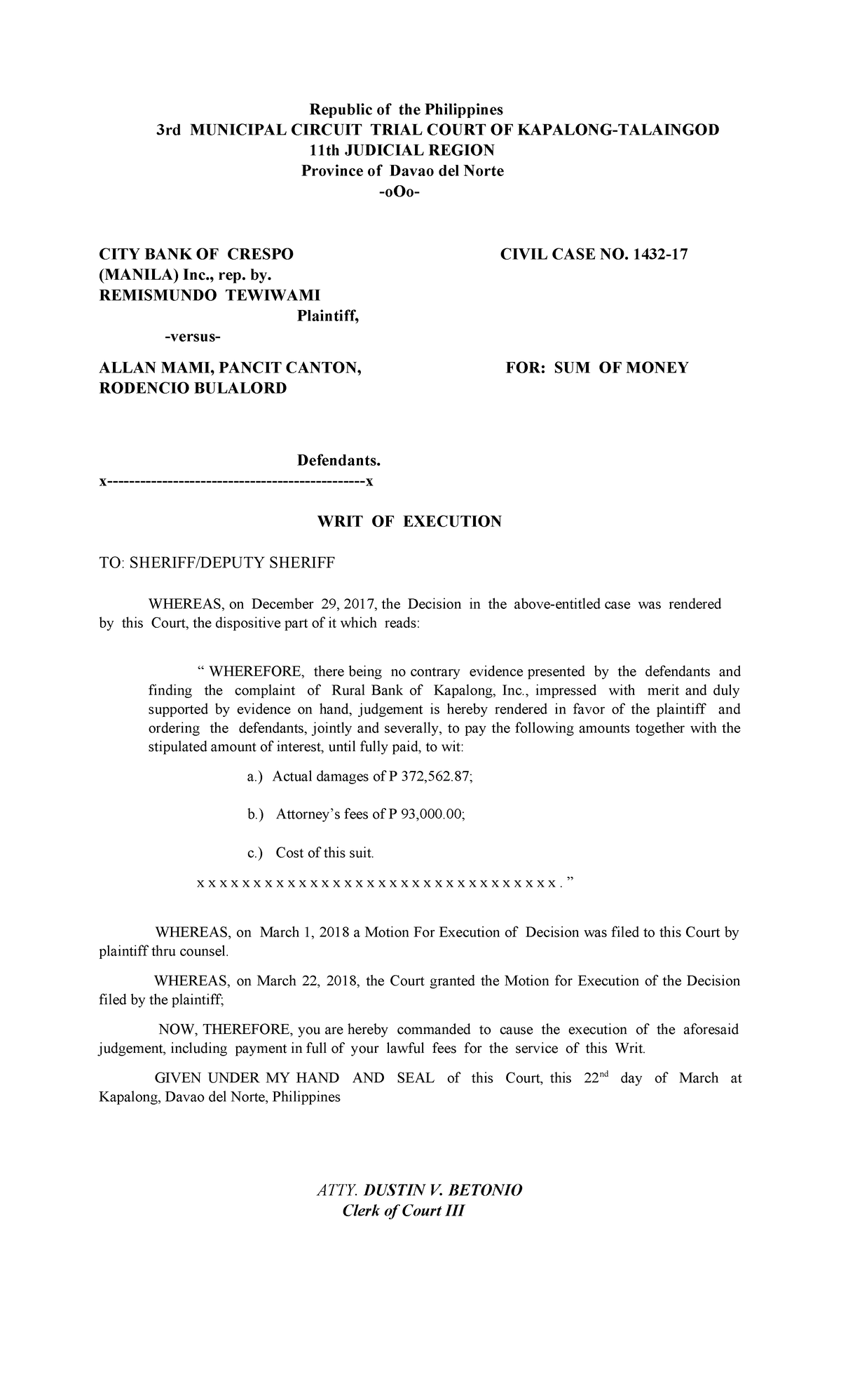389810738 Writ of Execution Sample - Civil Case No. 1432- - Studocu