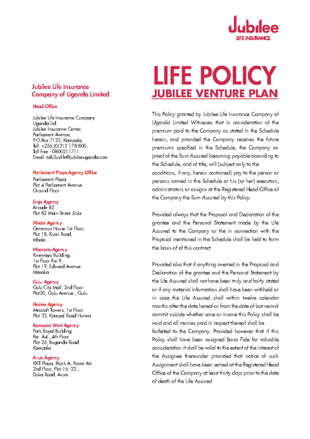 Jubilee Life Insurance Uganda: Jubilee Venture Policy Document - Studocu