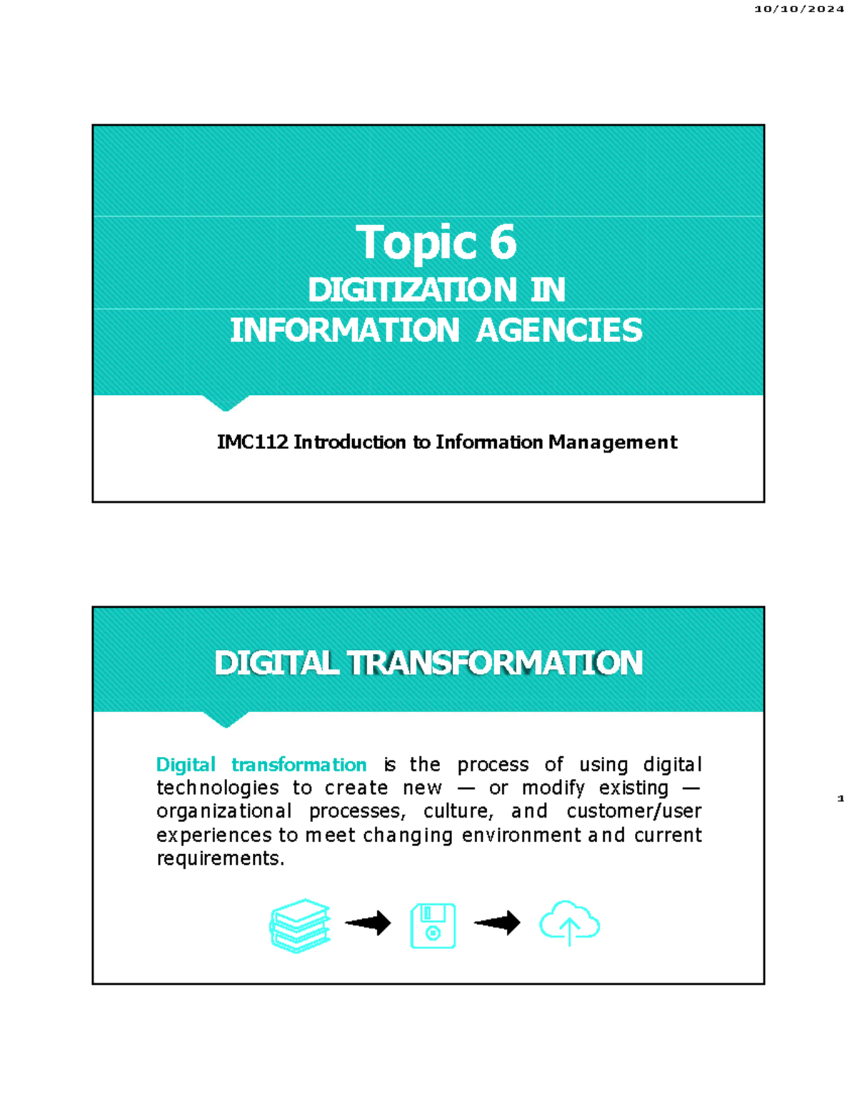 Topic 6 - the difine - 1 Topic 6 DIGITIZATION IN INFORMATION AGENCIES ...