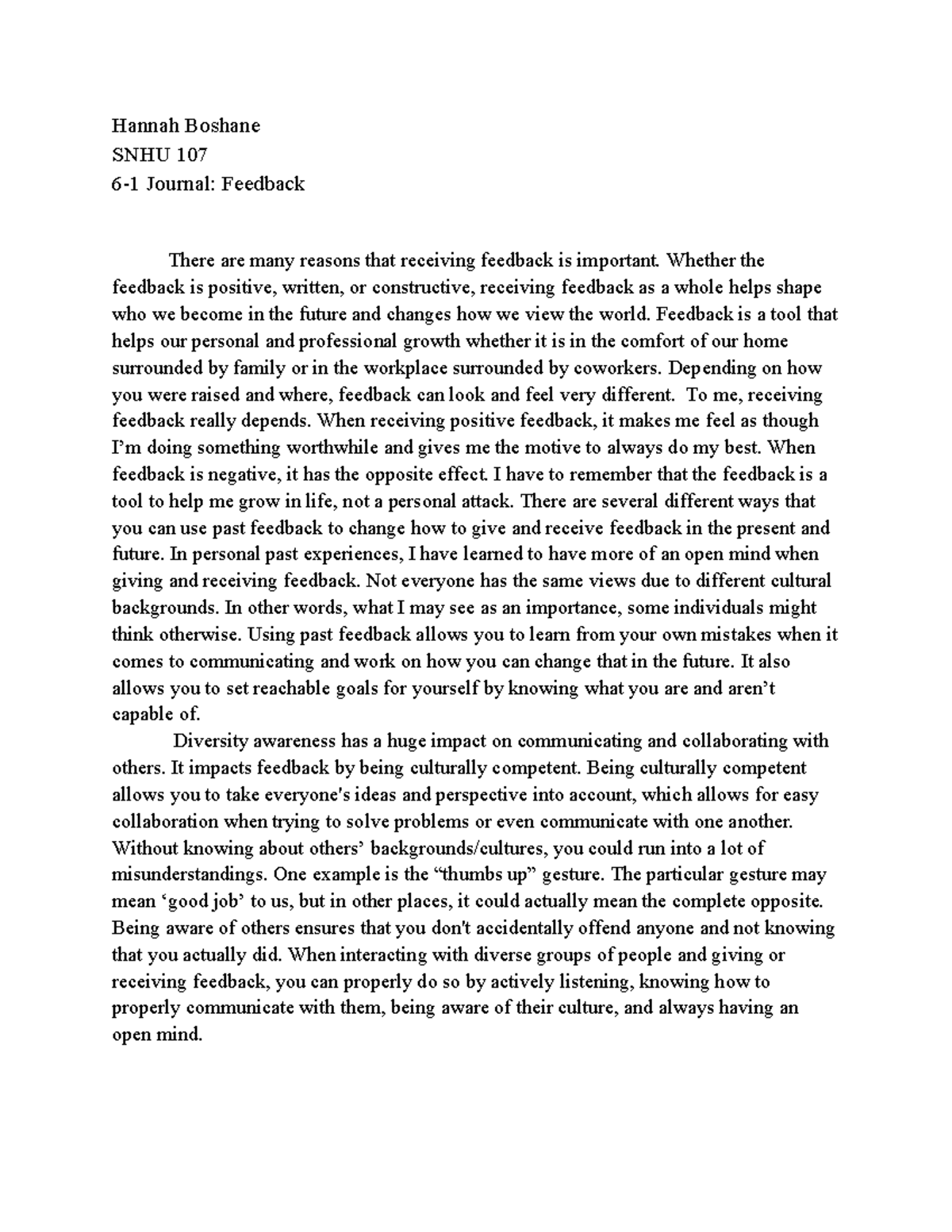 SNHU 107 Module 6: Journal Entry on Feedback Importance - Studocu