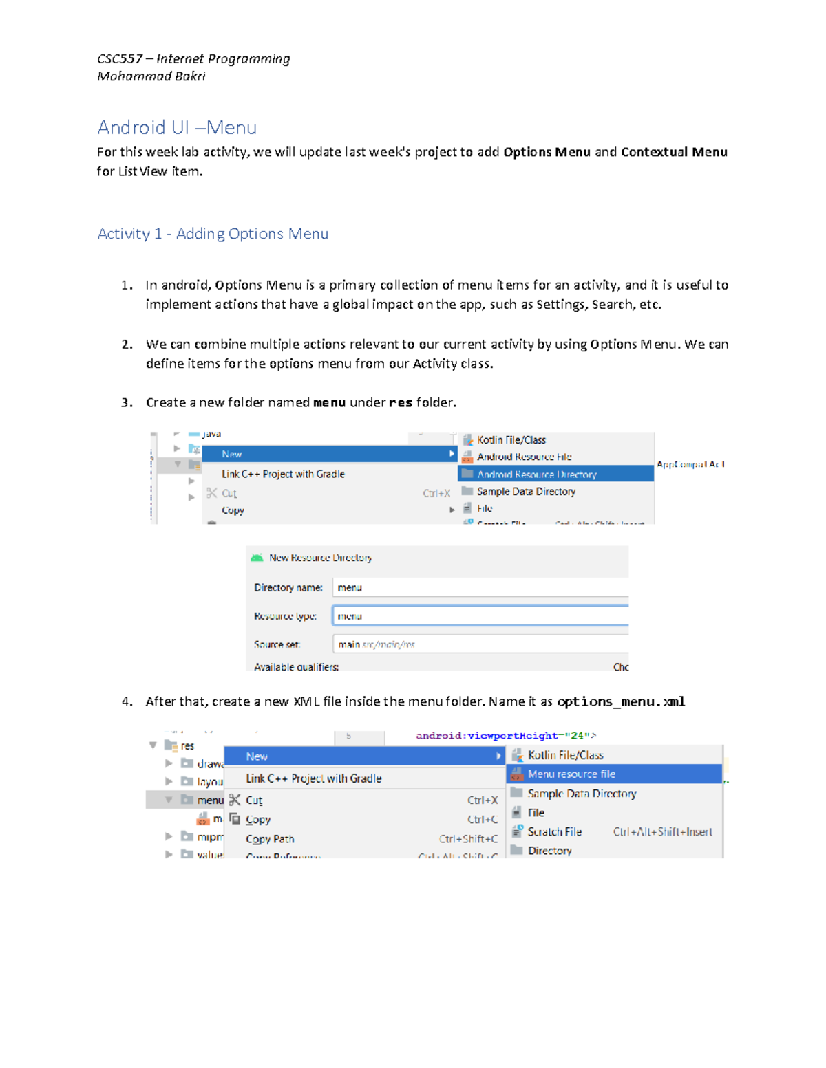 Lab Activity 6 - Implementing Options & Context Menus in Android - Studocu