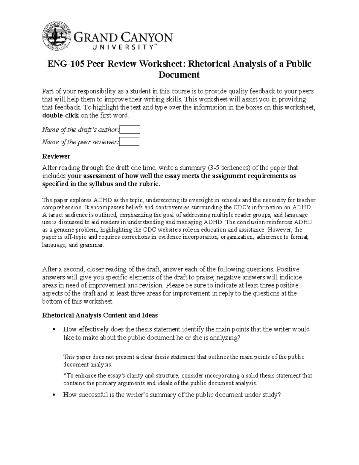 ENG-105-RS-Final Peer Review Worksheet for Rhetorical Analysis - Studocu