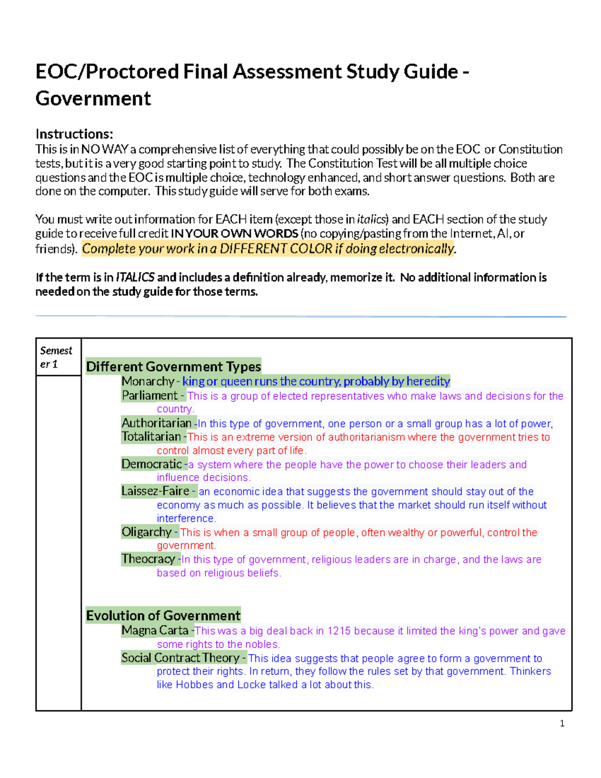EOC & Constitution Test Study Guide: Final Assessment Review - Studocu
