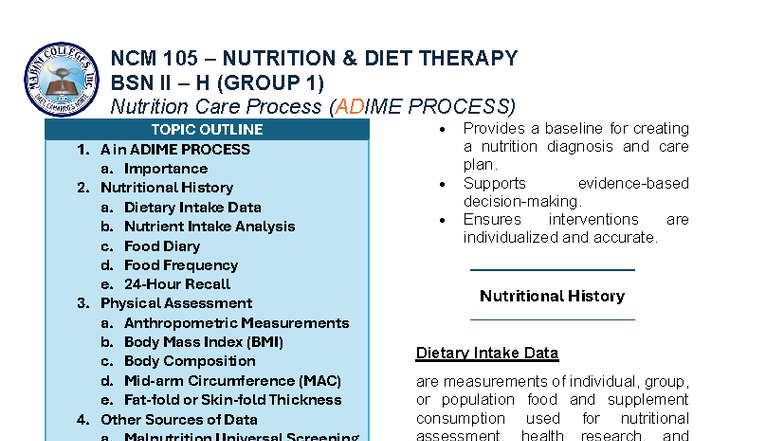 NCM 105 Nutrition Care Process: ADIME Assessment Overview - Studocu