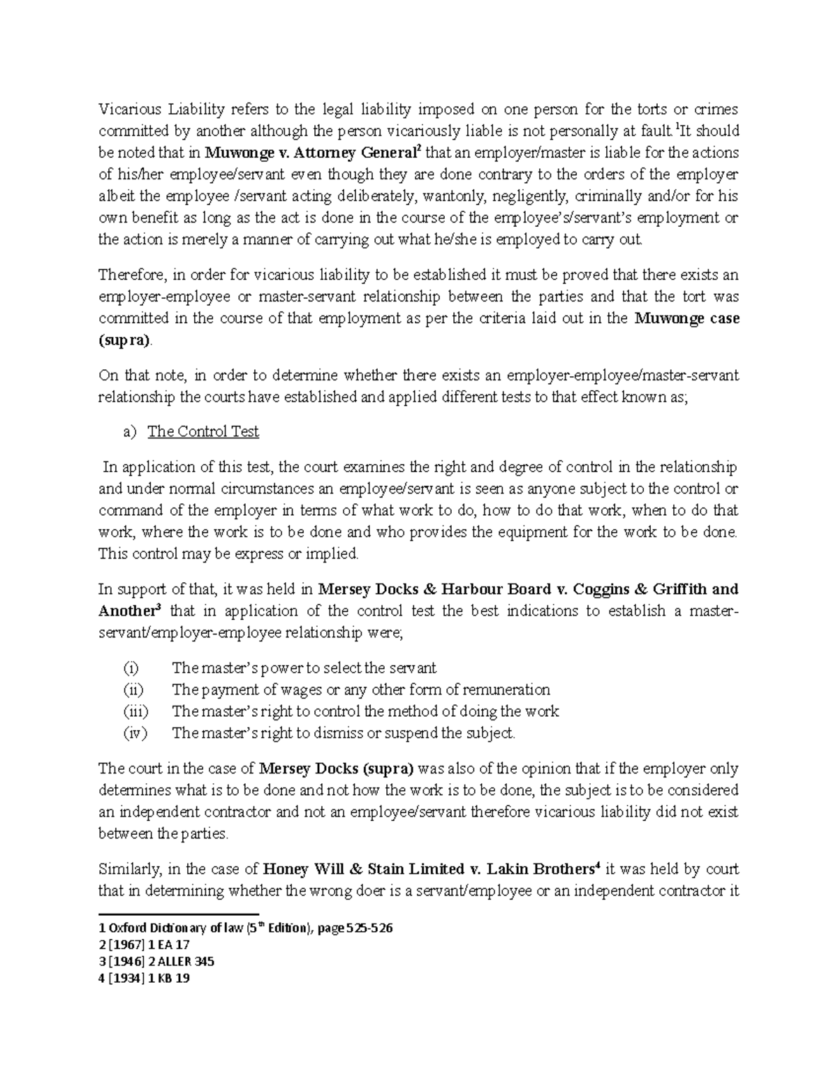 Vicarious Liability: Legal Principles and Case Studies Analysis - Studocu