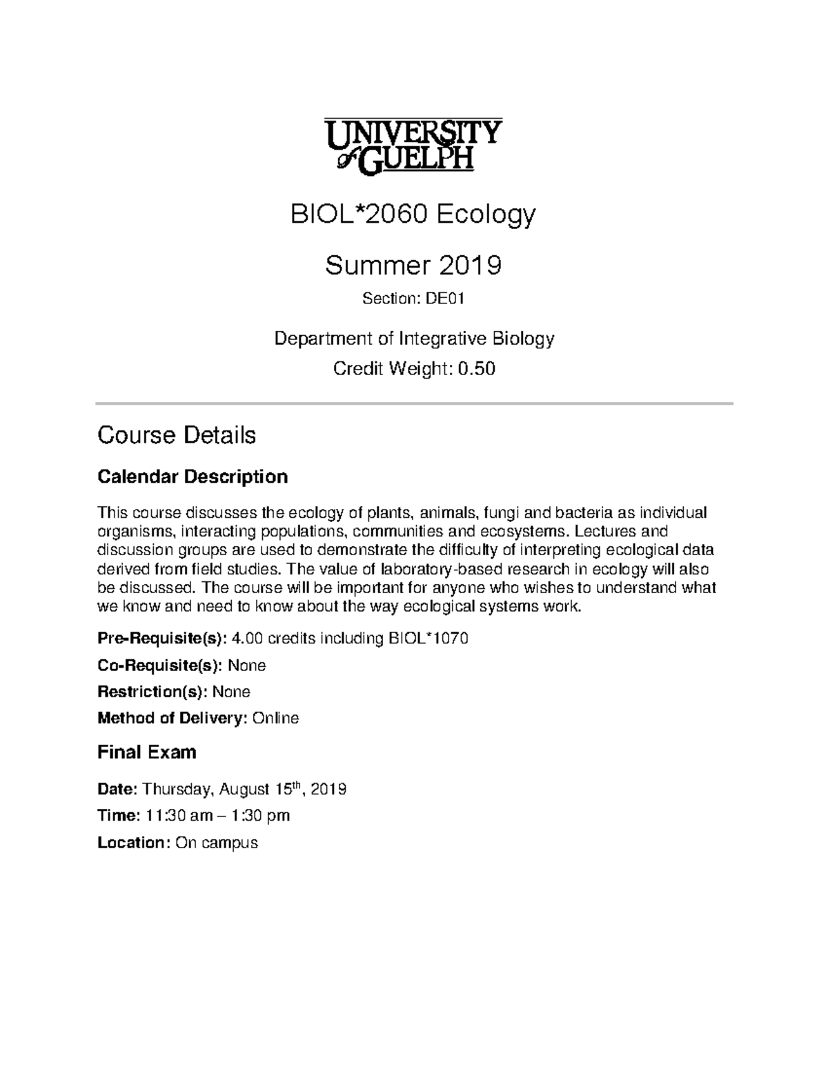 BIOL2060DE S19 Course Outline - Ecology Summer 2019 Section: DE01 ...