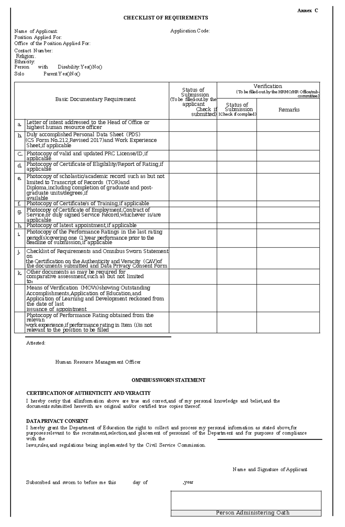 Checklist of Requirements SHS - Annex C CHECKLIST OF REQUIREMENTS Name of Applicant: Application ...