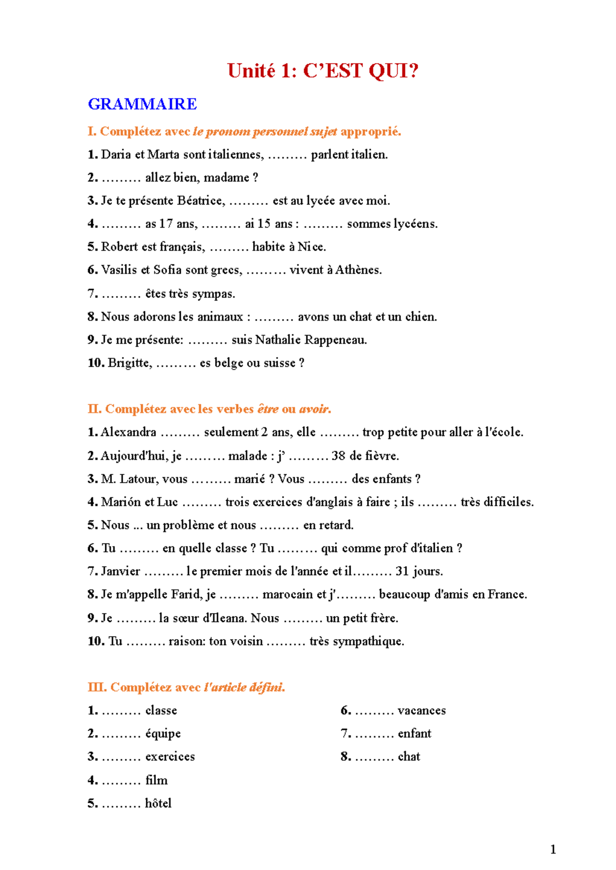 Unité 1: Révision de la Grammaire I - Exercices et Complétions - Studocu