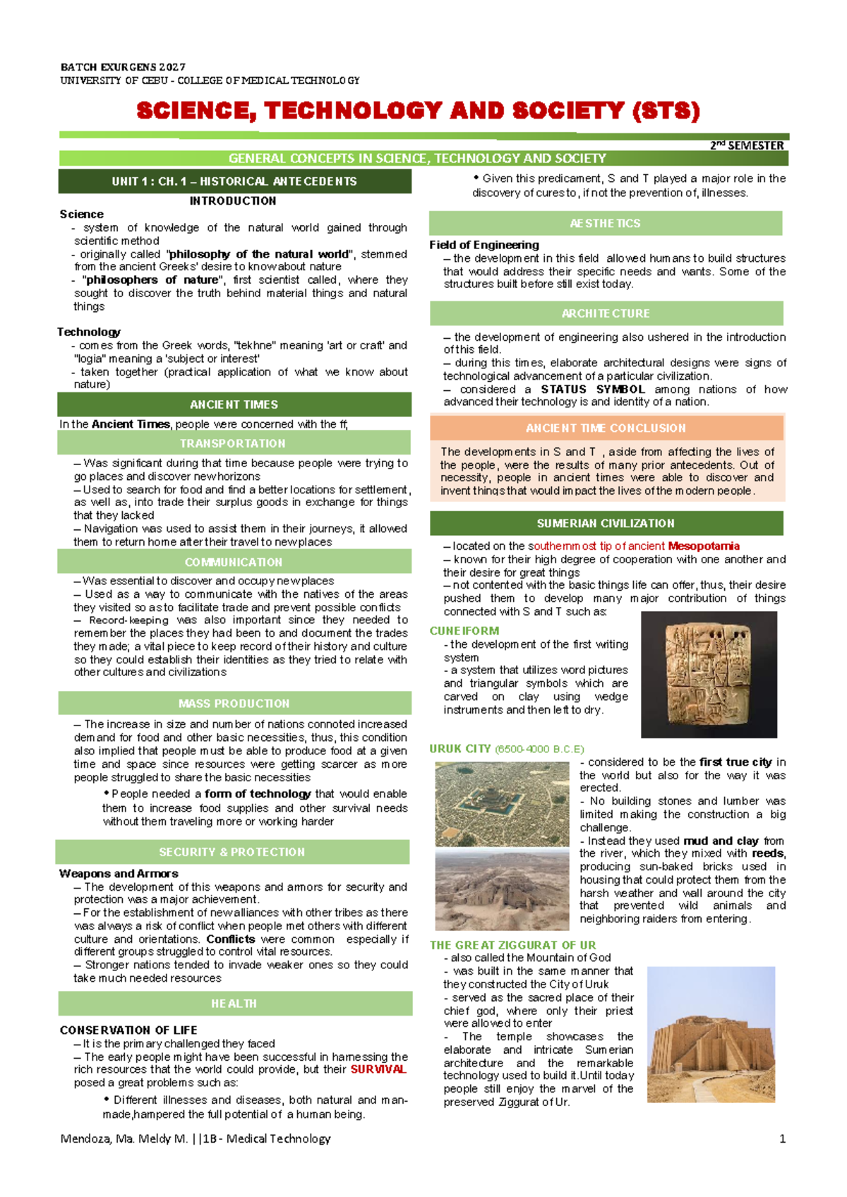 L1 - STS - notes for sts week 1 - ANCIENT TIMES GENERAL CONCEPTS IN ...