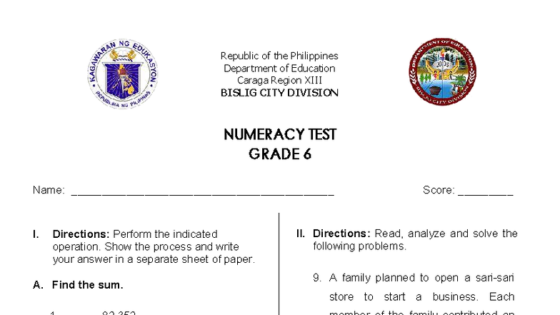 Grade 6 Numeracy Test - Republic of the Philippines - Studocu