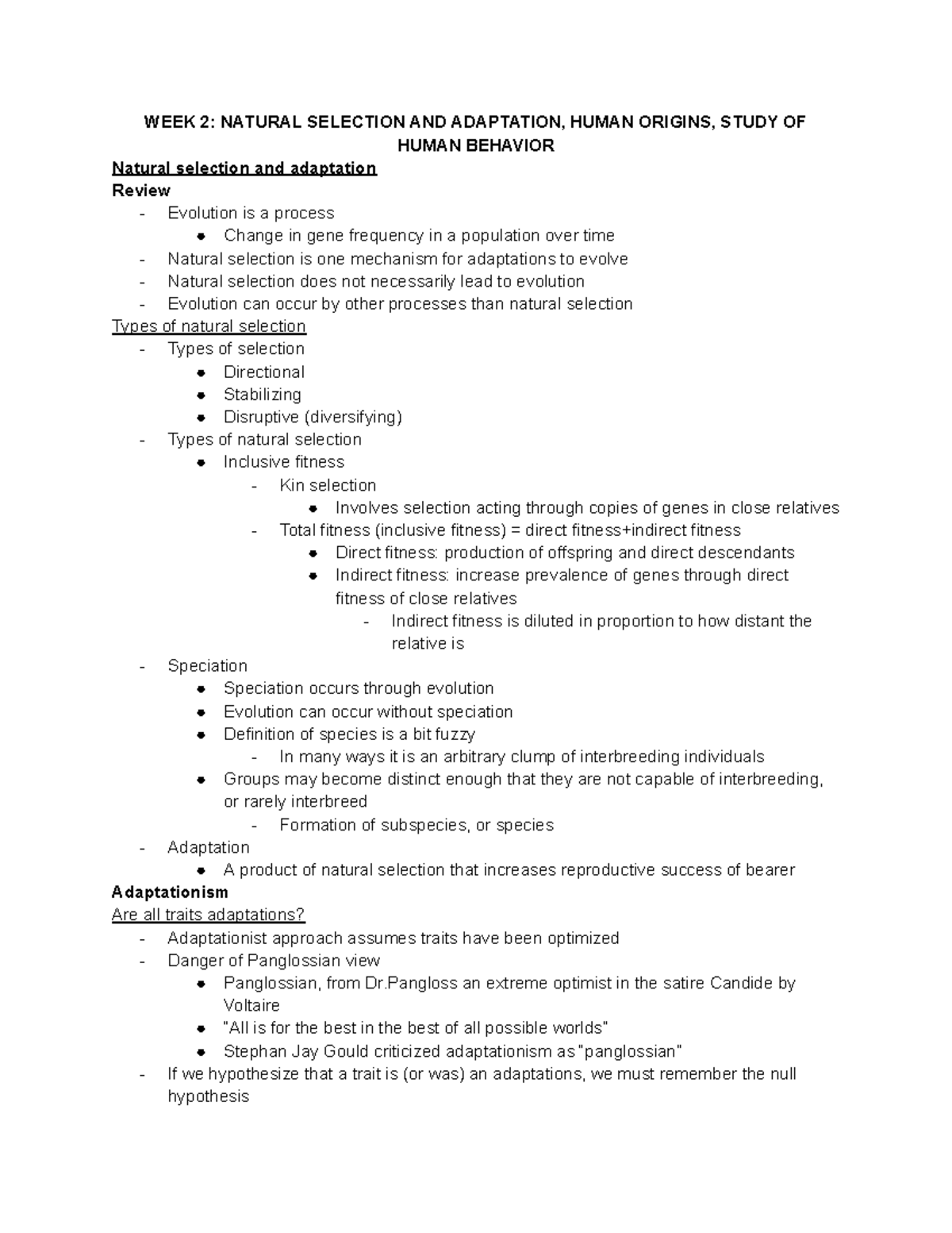 WEEK 2: Natural Selection & Adaptation in Human Evolution Studies - Studocu