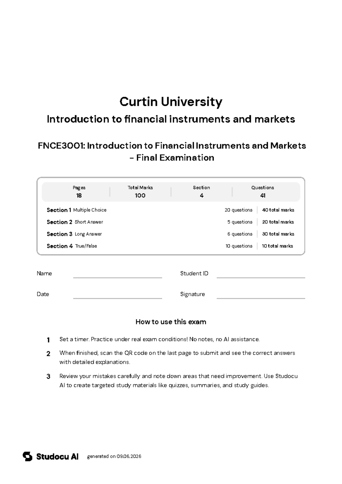 FNCE3001: Final Exam on Financial Instruments and Markets - Studocu