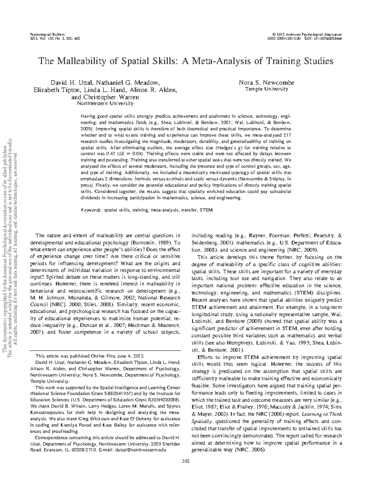 Cognitive Psychology: The Malleability of Spatial Skills and Training ...
