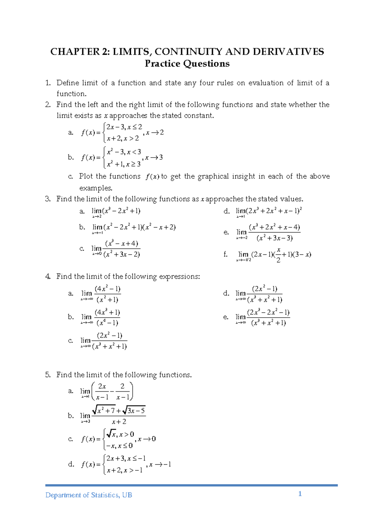 STA 102 - CHAPTER 2: LIMITS, CONTINUITY & DERIVATIVES Practice ...
