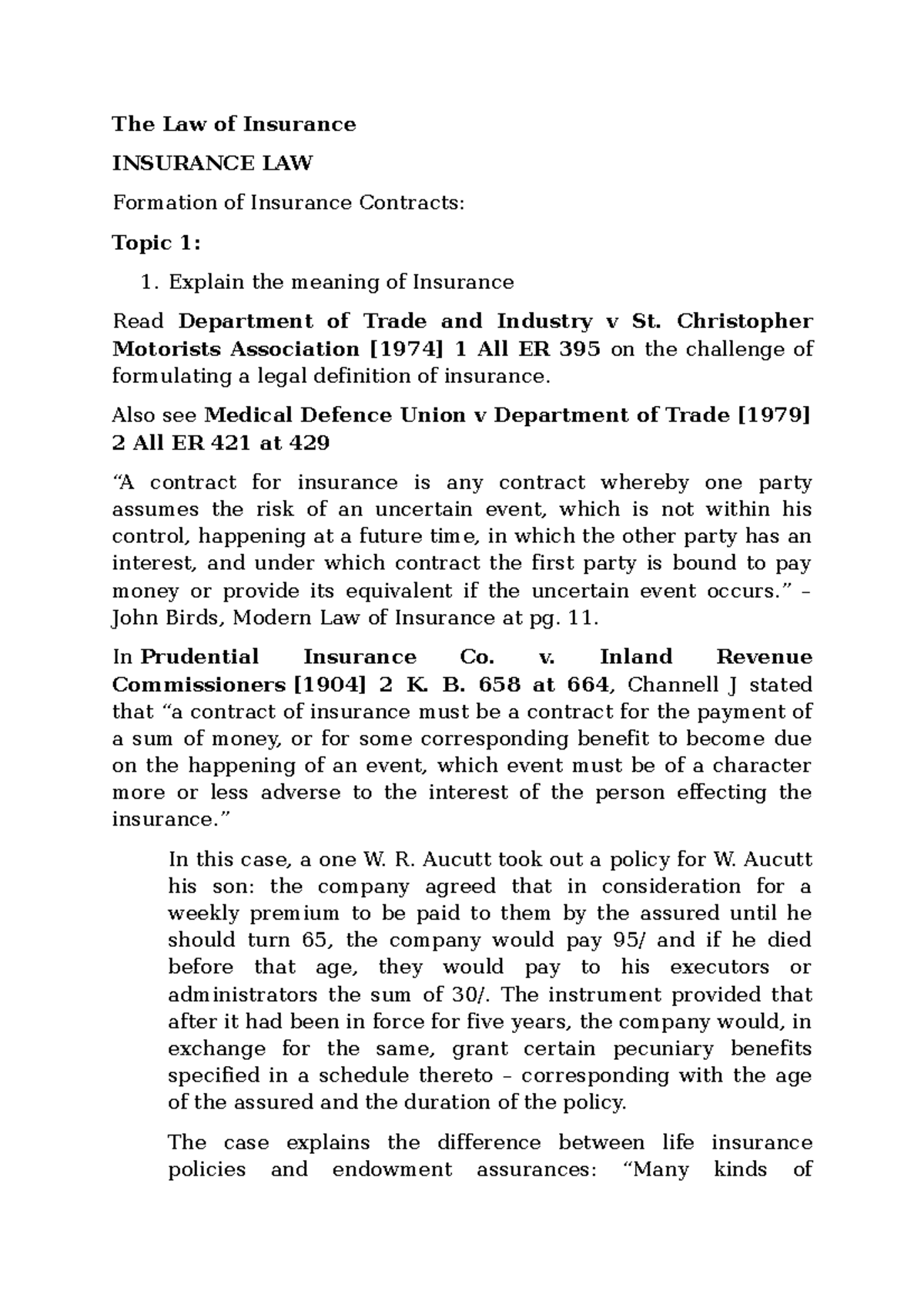 The Law of Insurance - Class Notes on Key Concepts and Cases - Studocu