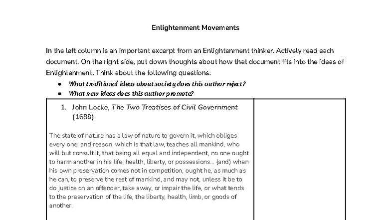ENGL 101: Enlightenment Movements - Key Thinkers & Ideas Analysis - Studocu