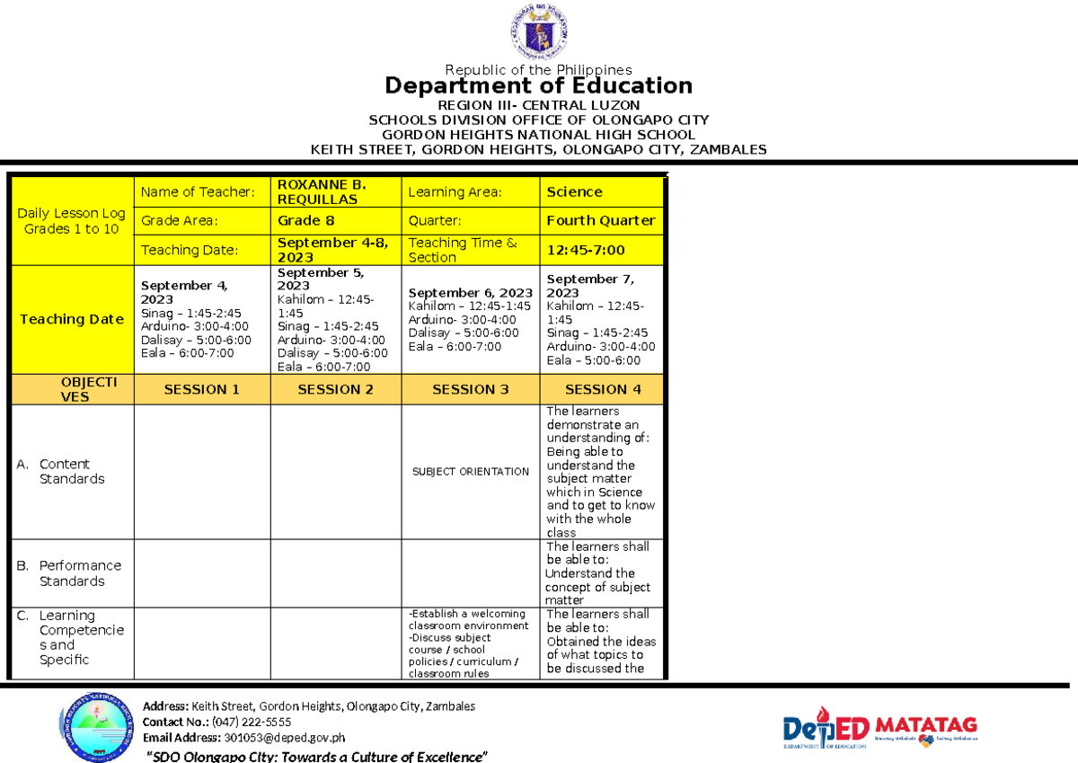 Grade 8 Science Daily Lesson Log - 4th Quarter (Sept 2023) - Studocu