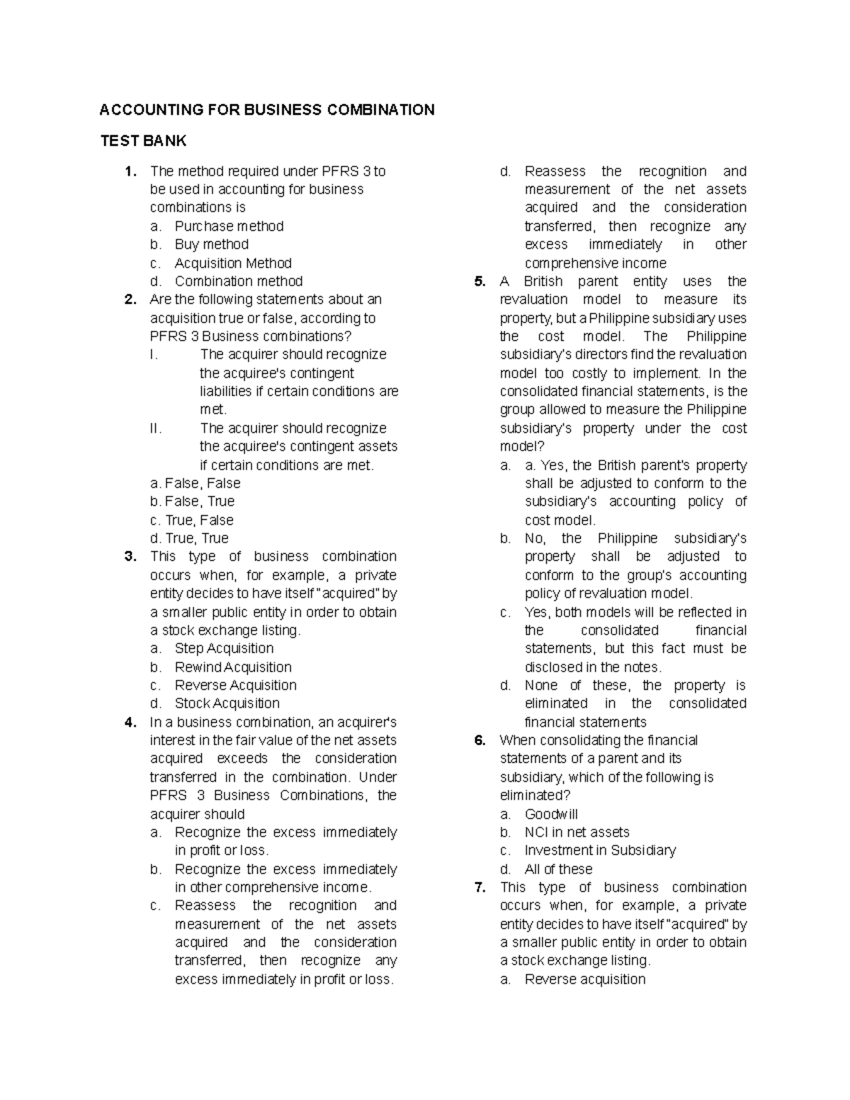 ACCOUNTING FOR BUSINESS COMBINATION (PFRS 3) TEST BANK QUESTIONS - Studocu