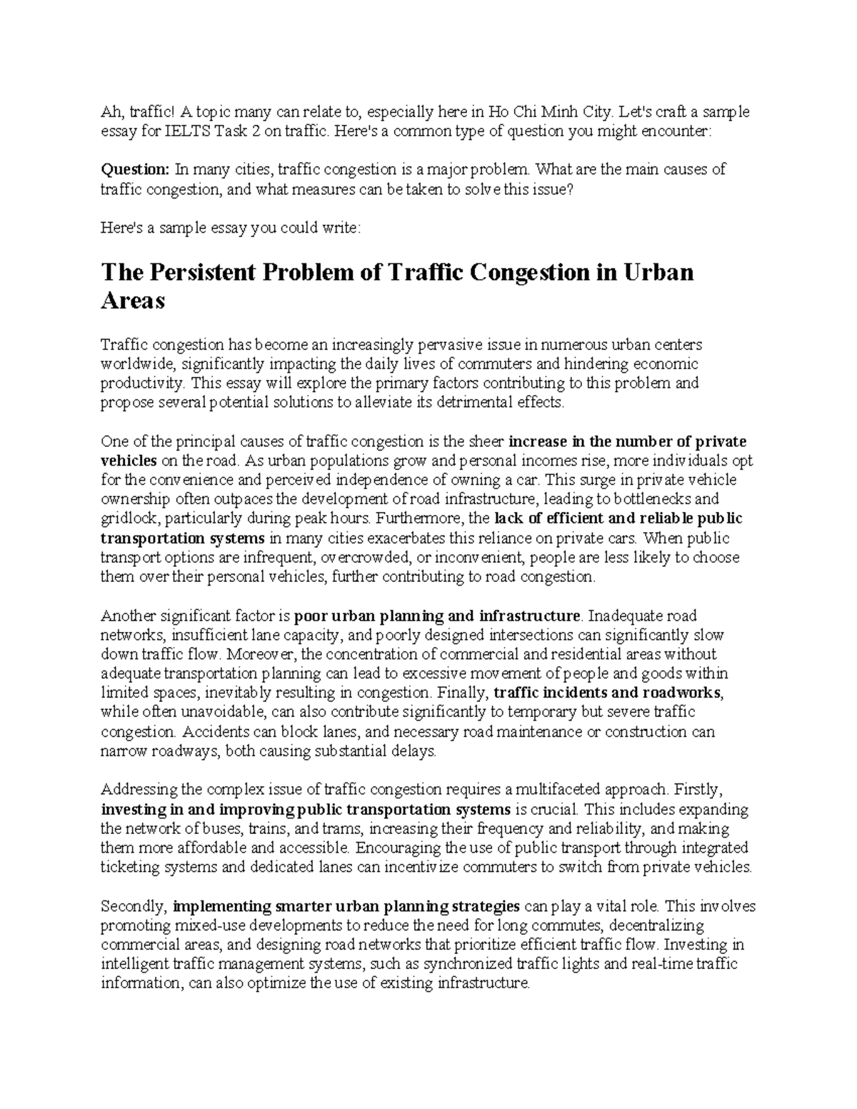 IELTS Task 2 Essay Sample: Addressing Traffic Congestion Issues - Studocu