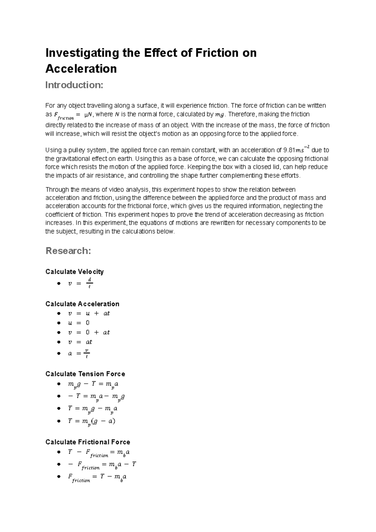 Depth Study Report - Investigating the Effect of Friction on ...