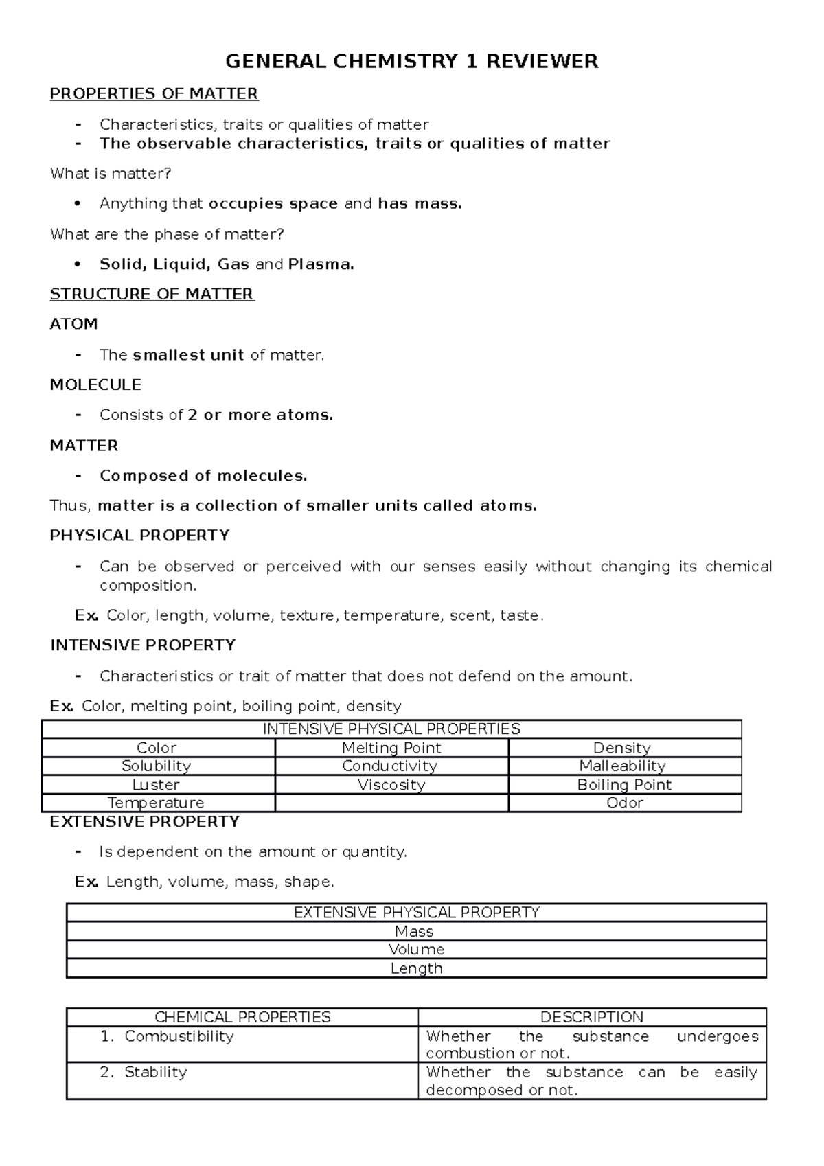 General Chemistry 1 Final Exam Reviewer on Matter and Reactions - Studocu