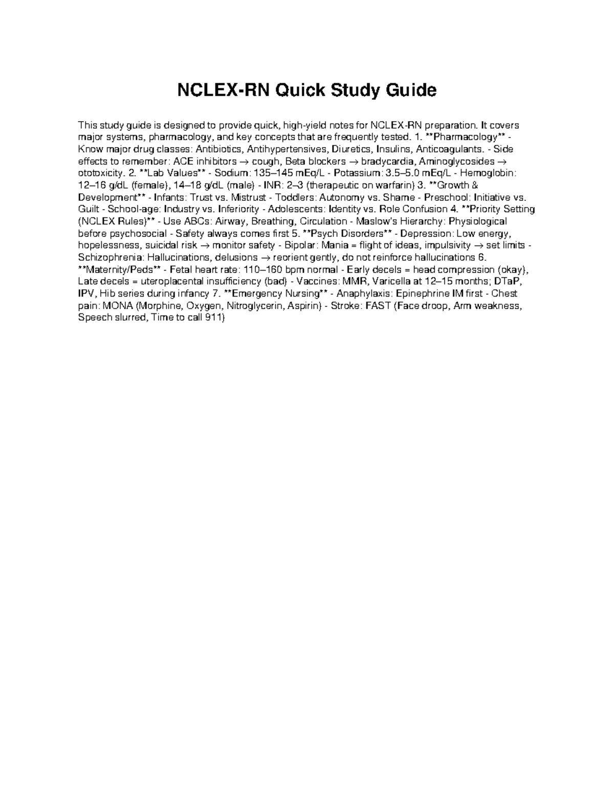 NCLEX Quick Study Guide: Key Concepts & Major Drug Classes - Studocu