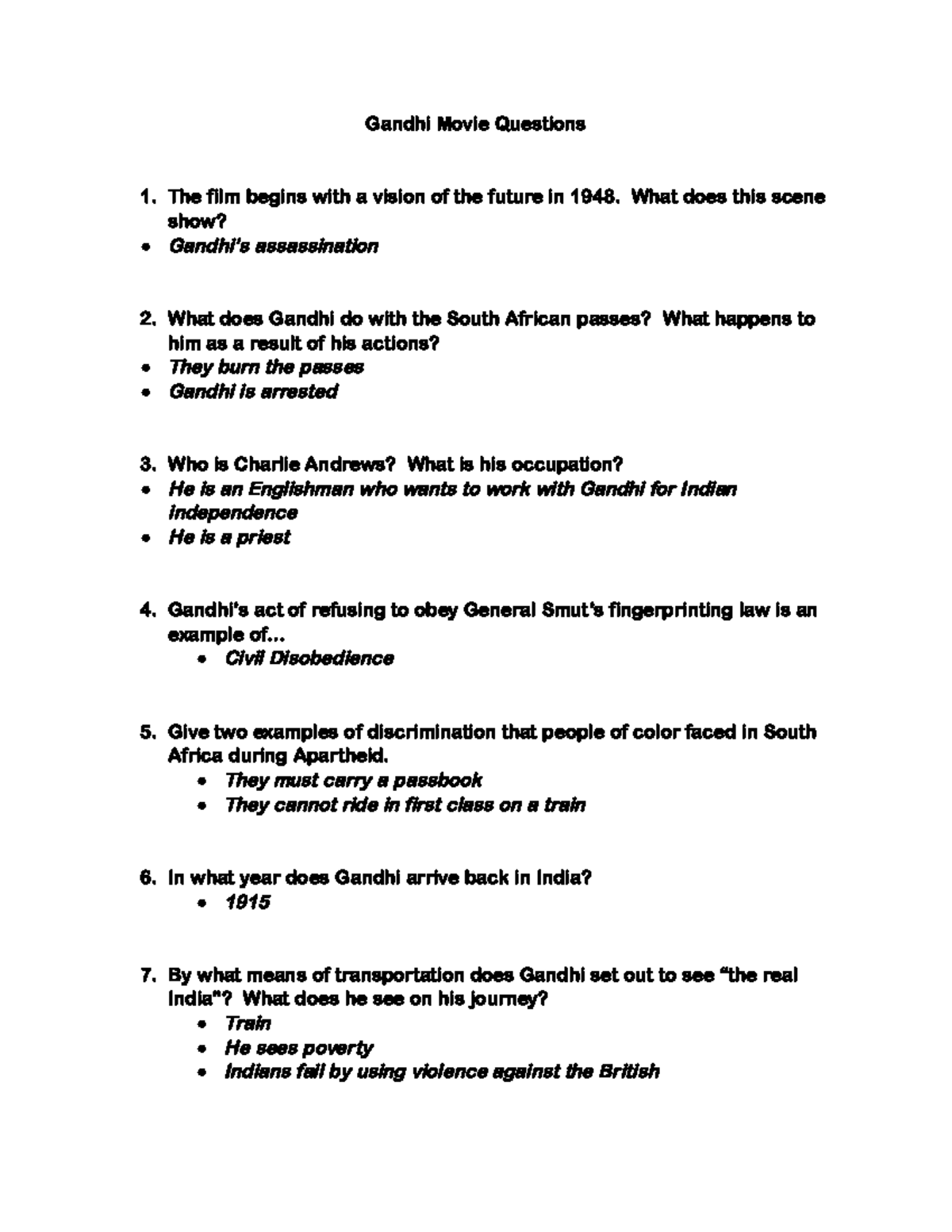 Gandhi Movie Analysis Questions for Discussion and Review - Studocu