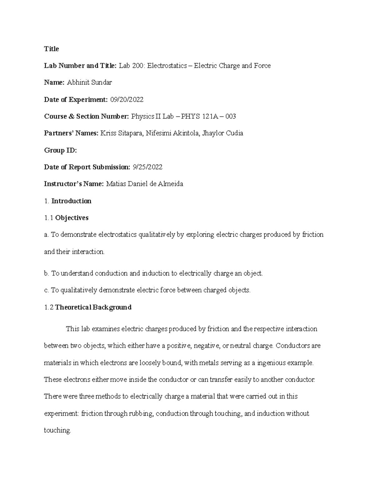 Lab 200 - Electrostatics - Analysis of Electric Charge and Force Report ...