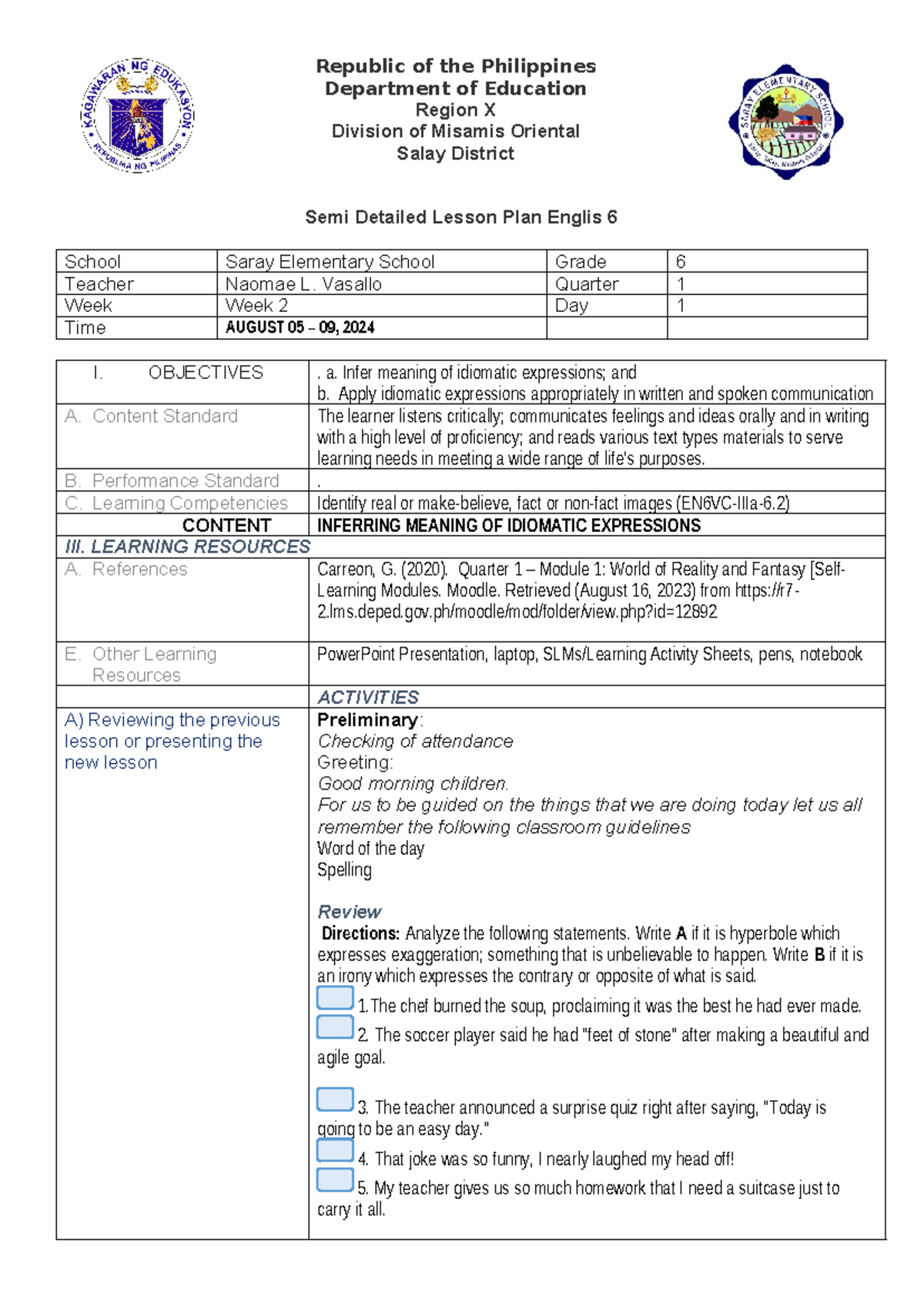 Semi Detailed Lesson Plan English 6 Q1W2: Understanding Idiomatic ...