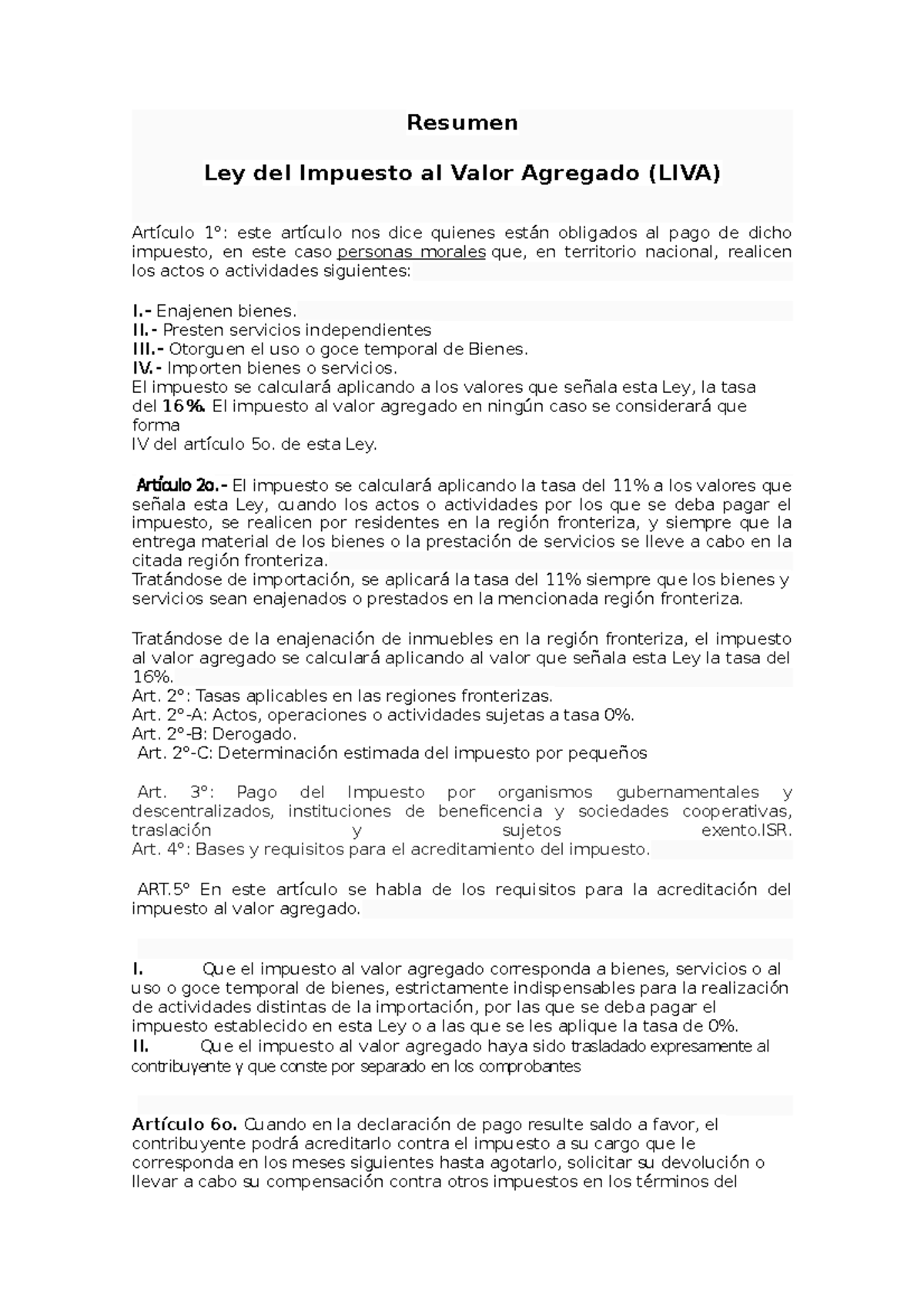 Resumen de la Ley del Impuesto al Valor Agregado (LIVA) - Studocu