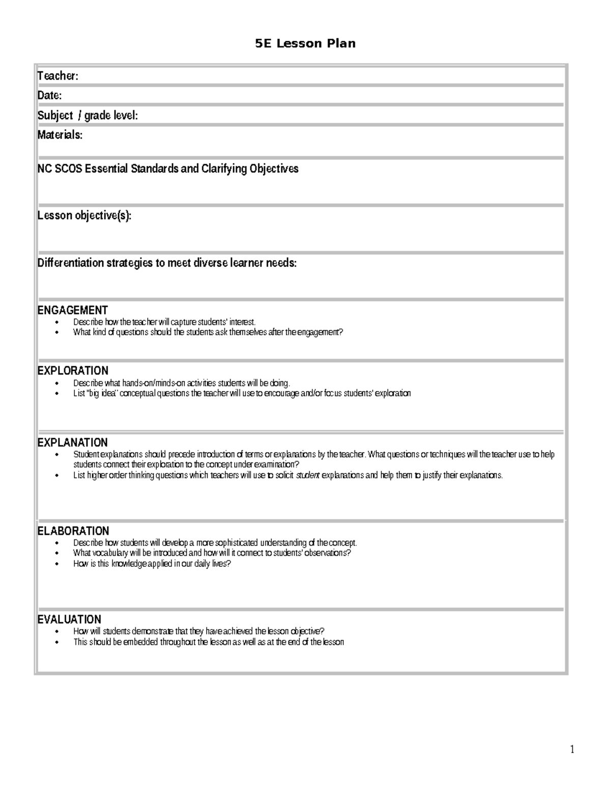 5E Lesson Plan Template for Teacher Preparation and Objectives - Studocu