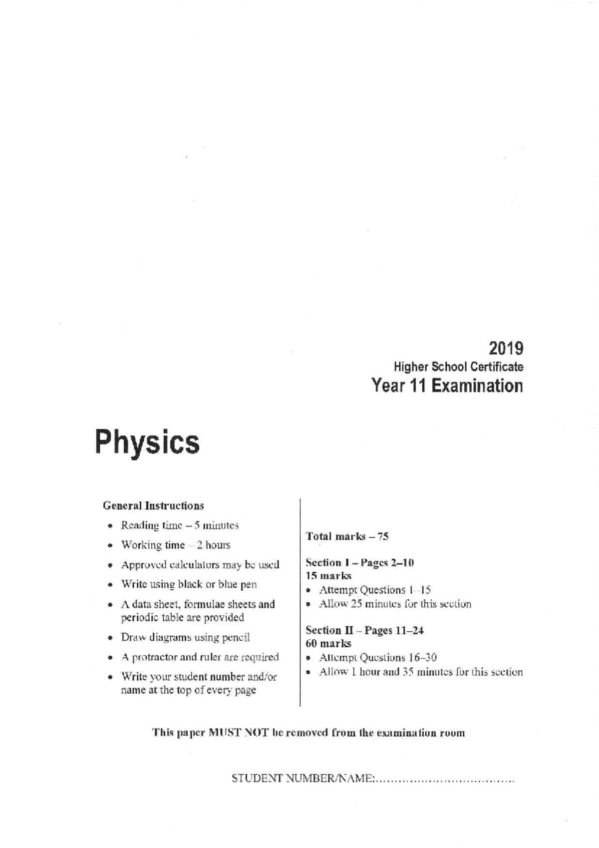 2019 Yr 11 Physics HSC Exam Instructions and Questions - Studocu