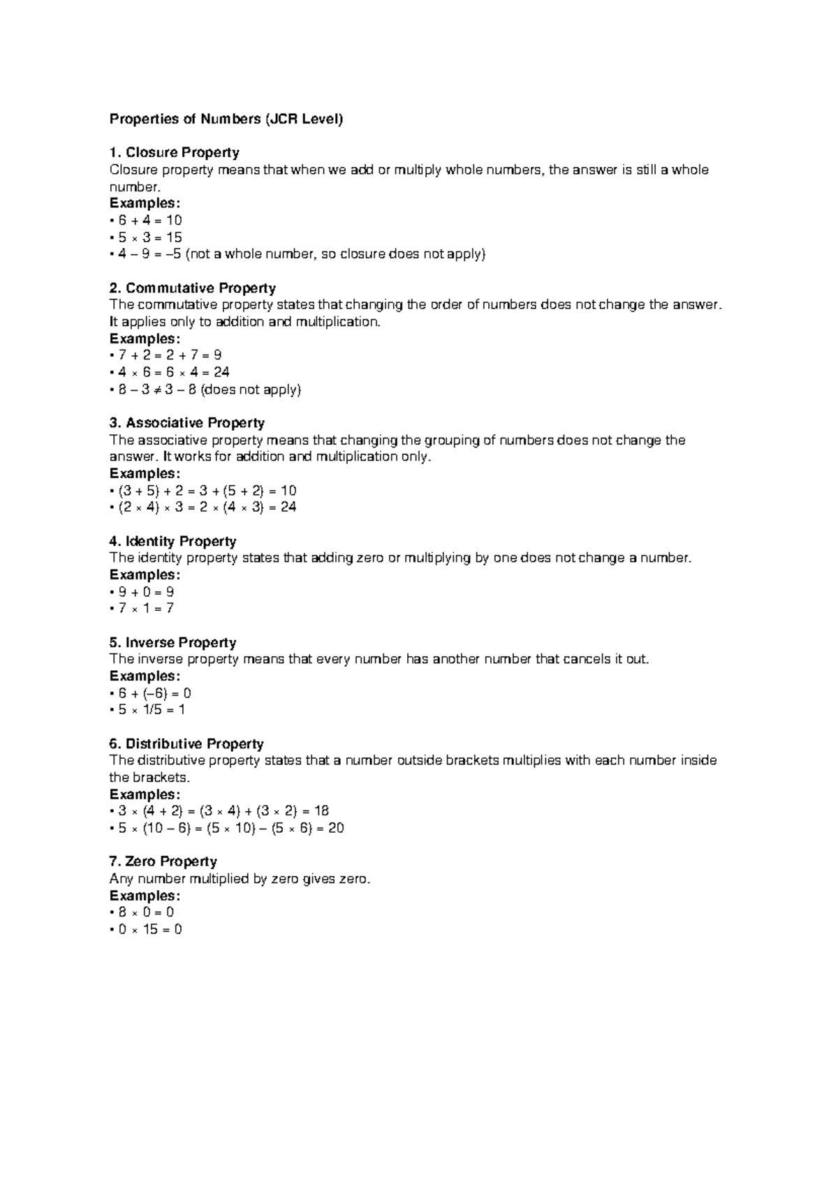 Properties of Numbers (JCE Level) - Key Mathematical Concepts - Studocu