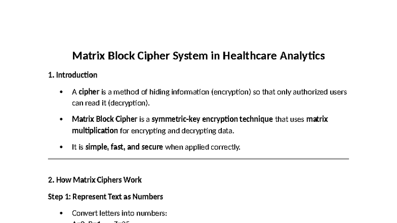 Matrix Block Cipher System in Healthcare Analytics - Unit 3 Overview - Studocu