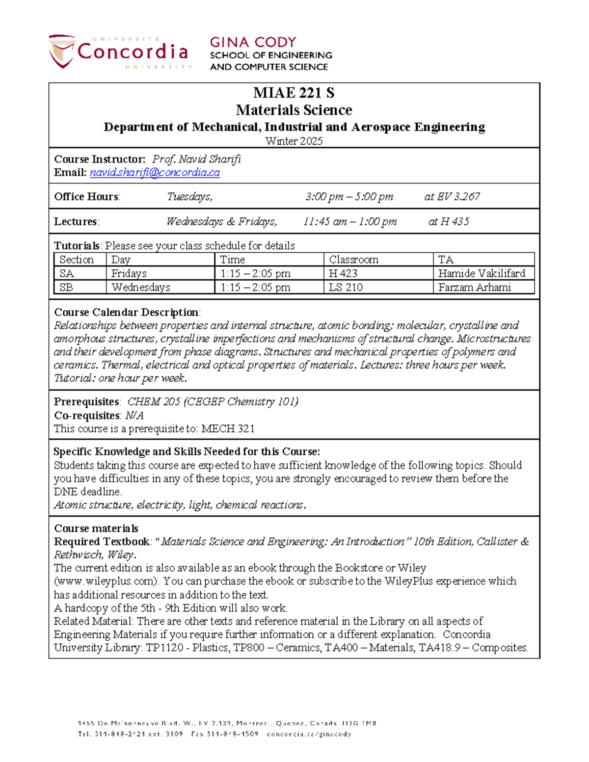 MIAE 221-S-W2025-Course Outline - MIAE 221 S Materials Science ...