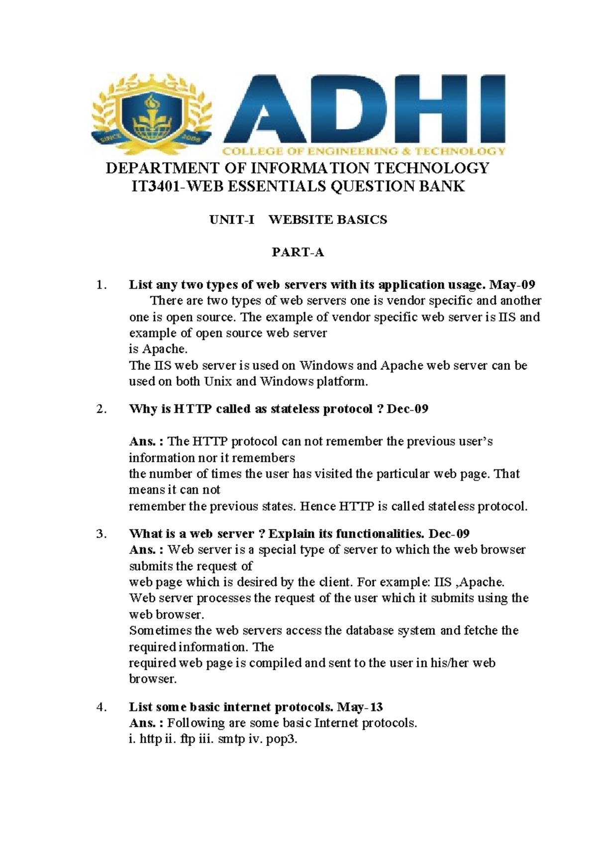 IT3401 - Web Essentials Question Bank & Answers (Unit I & II) - Studocu