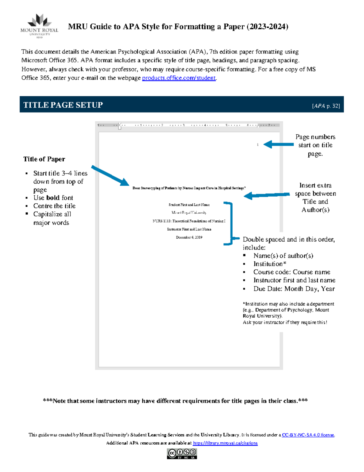 MRU Guide to APA Paper Formatting 2023-2024 - This guide was created by ...