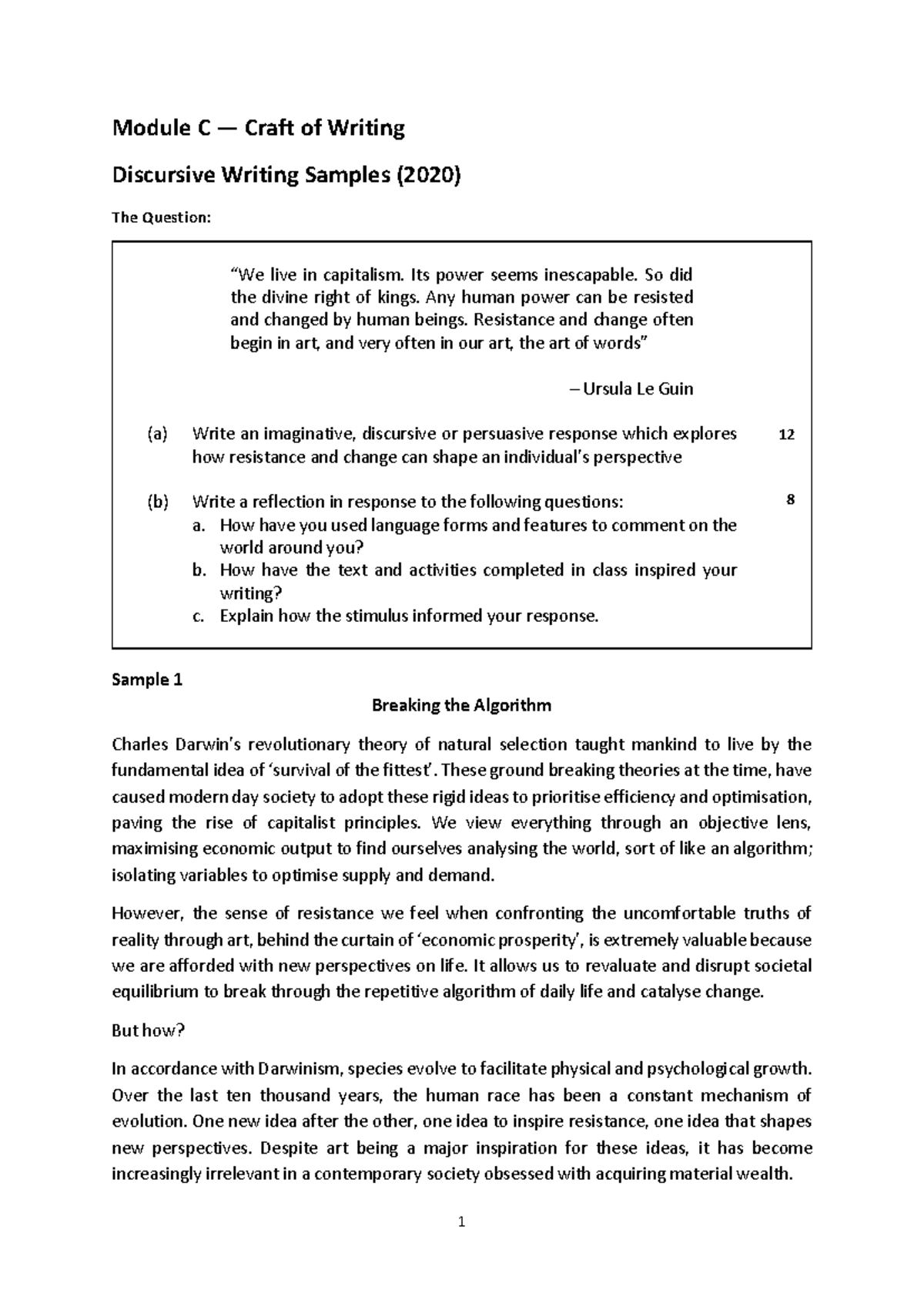 Discursive Writing Samples (2020) - Module C: Exploring Resistance and ...
