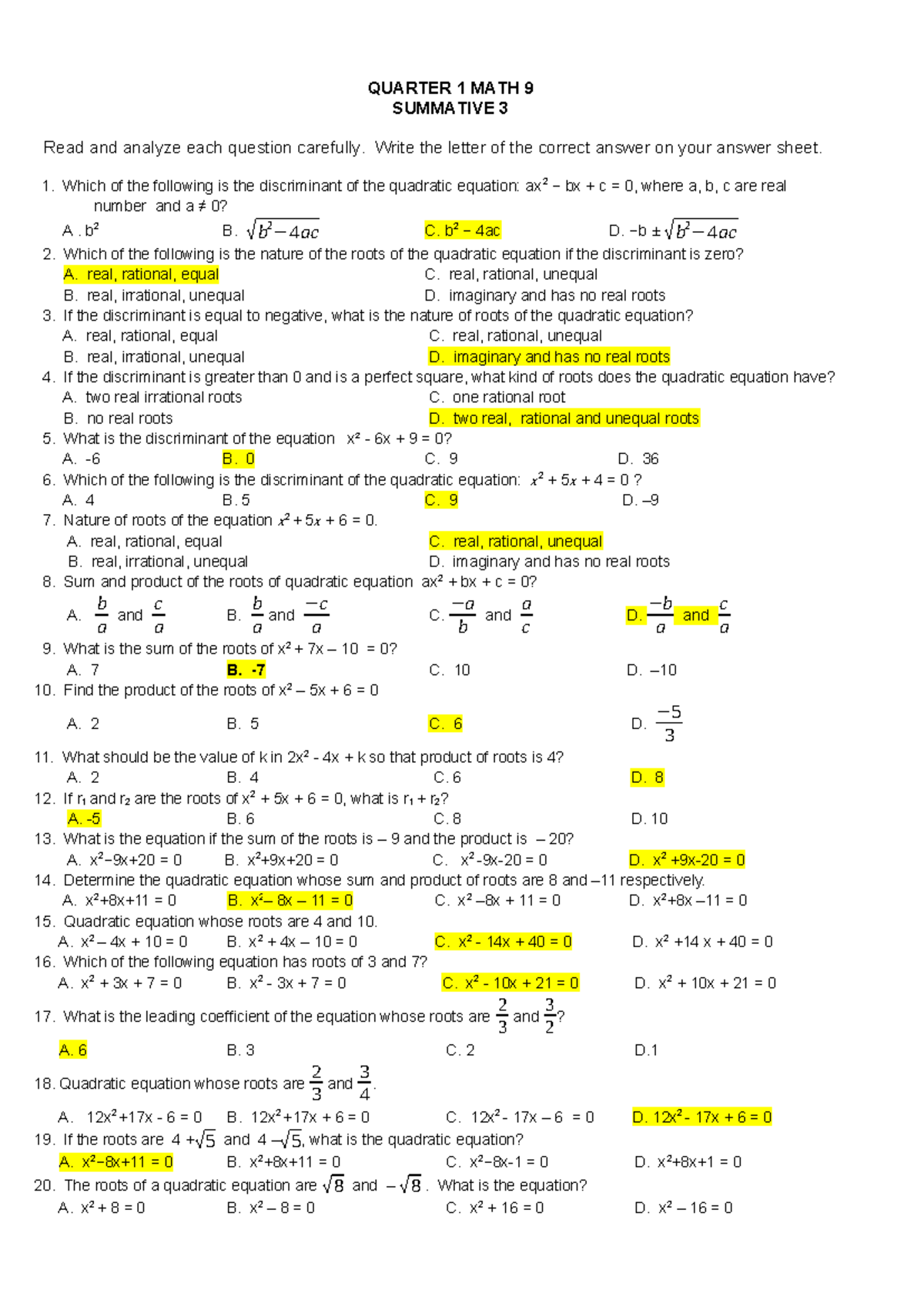 MATH 9 Q1 SUMMATIVE 3 WITH ANSWERS 2025 - Studocu